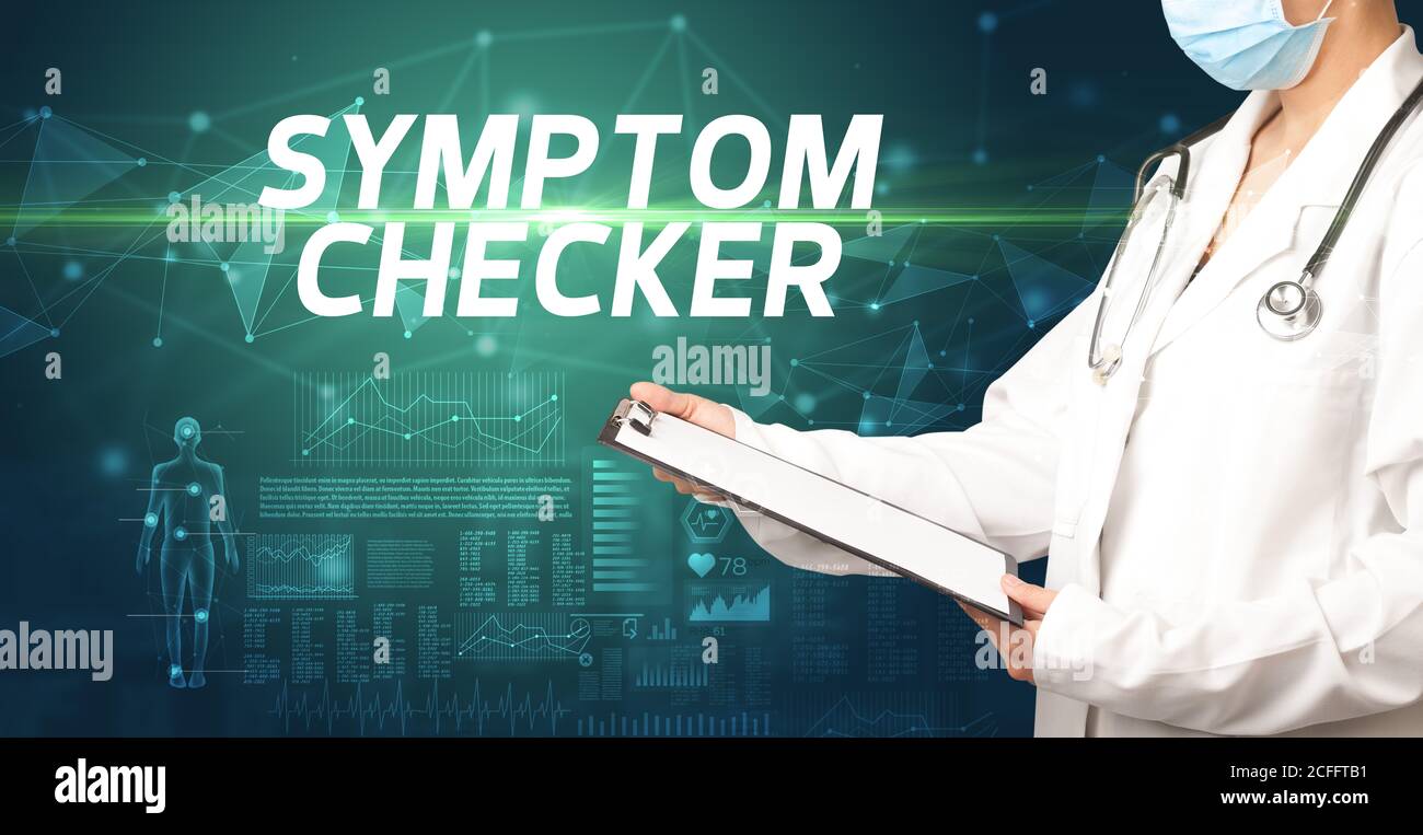 doctor writes notes on the clipboard with SYMPTOM CHECKER inscription ...
