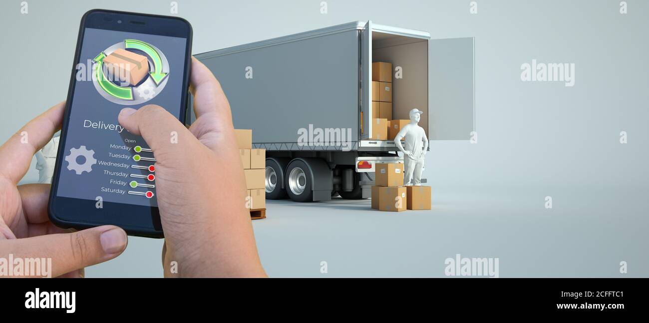 3D rendering of a smartphone delivery tracking app with trucks and ...