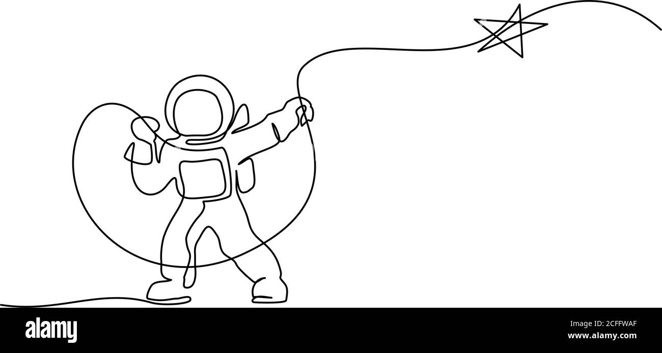 Astronaut catching star logo. Continuous one line drawing. Vector ...
