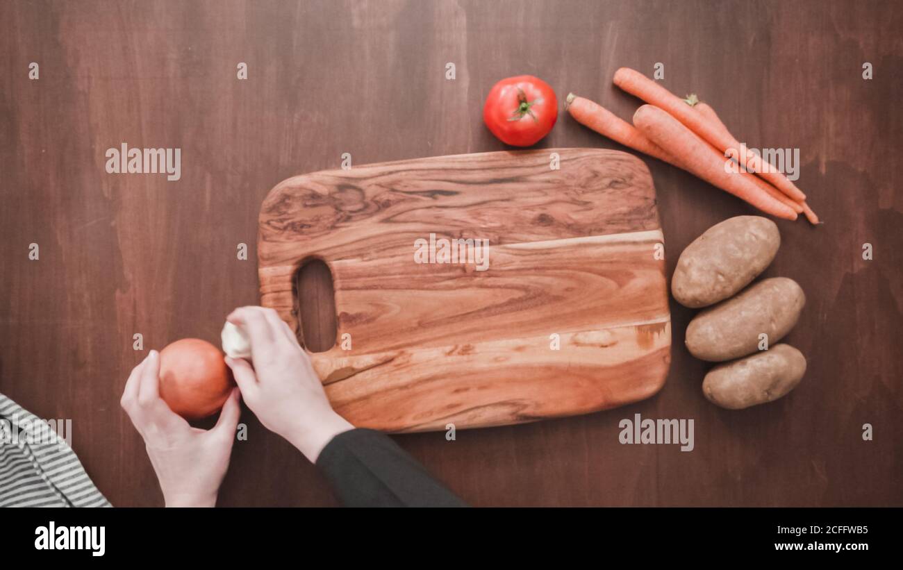 Step by step. Flat lay. Preparing ingredients to cook beet soup ...