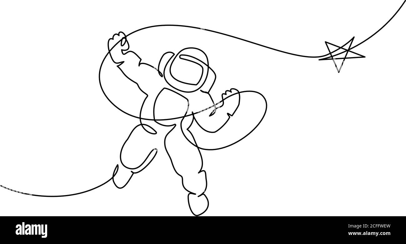 Astronaut catching star logo. Continuous one line drawing. Vector ...