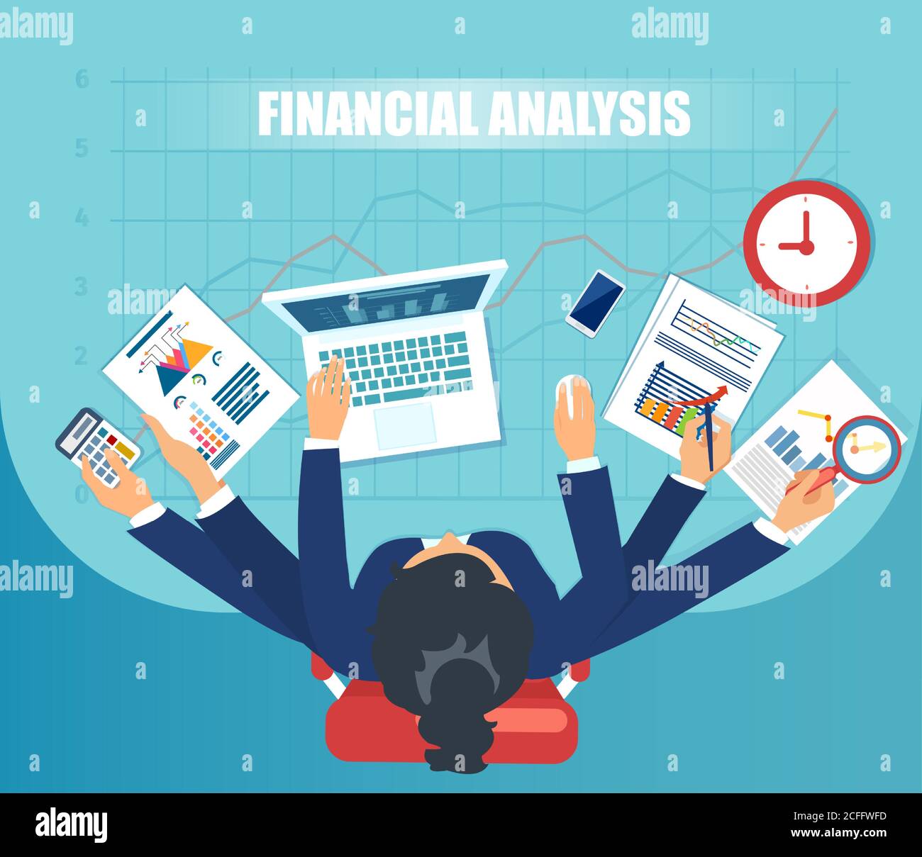 Vector of a busy multitasking businesswoman financial analyst Stock ...