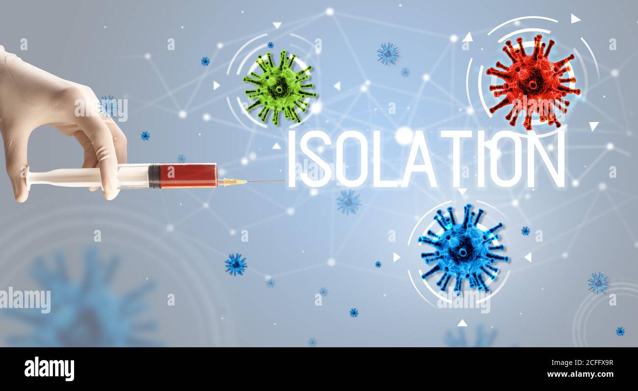 Syringe, medical injection in hand with ISOLATION inscription ...