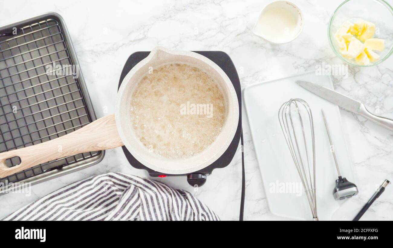 Flat lay. Step by step. Preparing homemade caramel in the cooking pot ...
