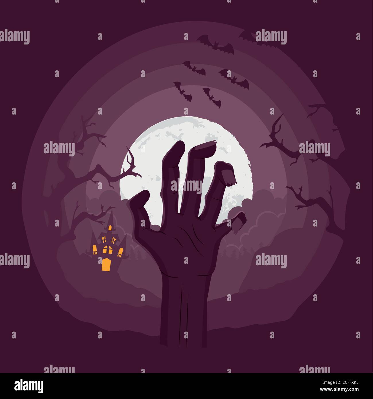 happy halloween card with death hand and castle scene vector ...