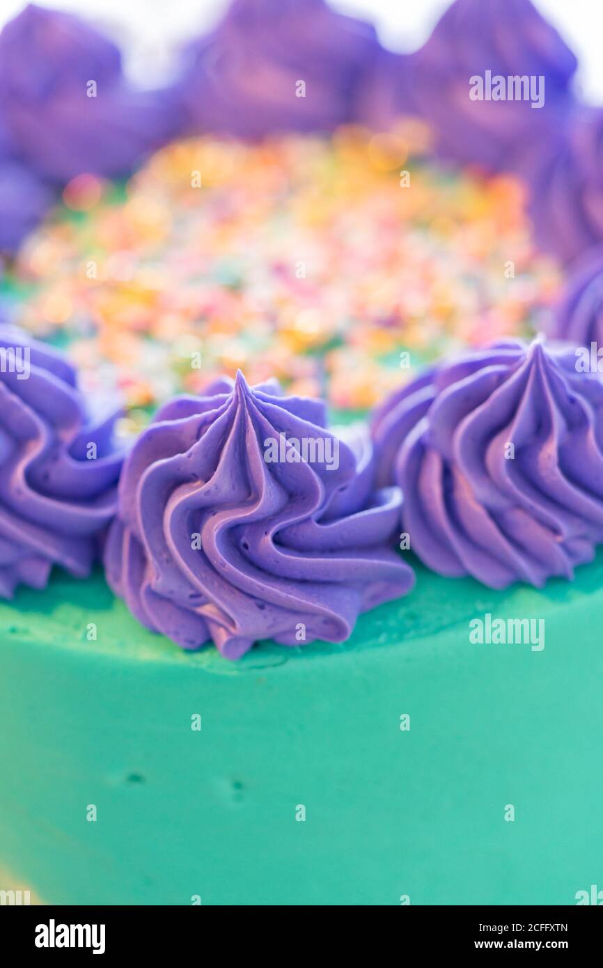 Birthday cake with turquoise buttercream and purple rosettes and ...