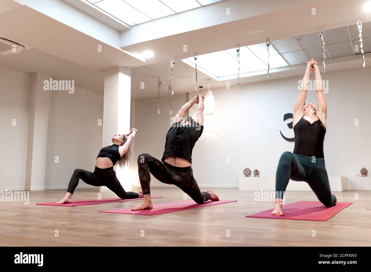 Side view of balanced calm women and man concentrated on stretching and ...