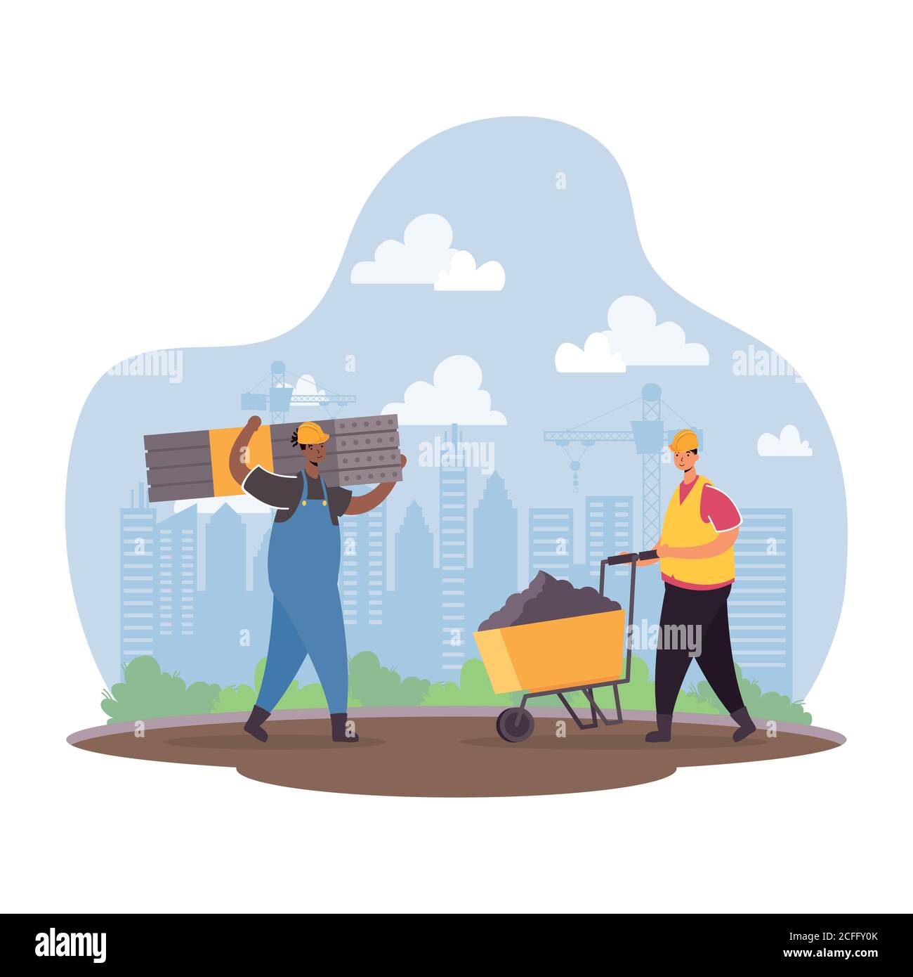 constructors workers with tools characters scene vector illustration ...