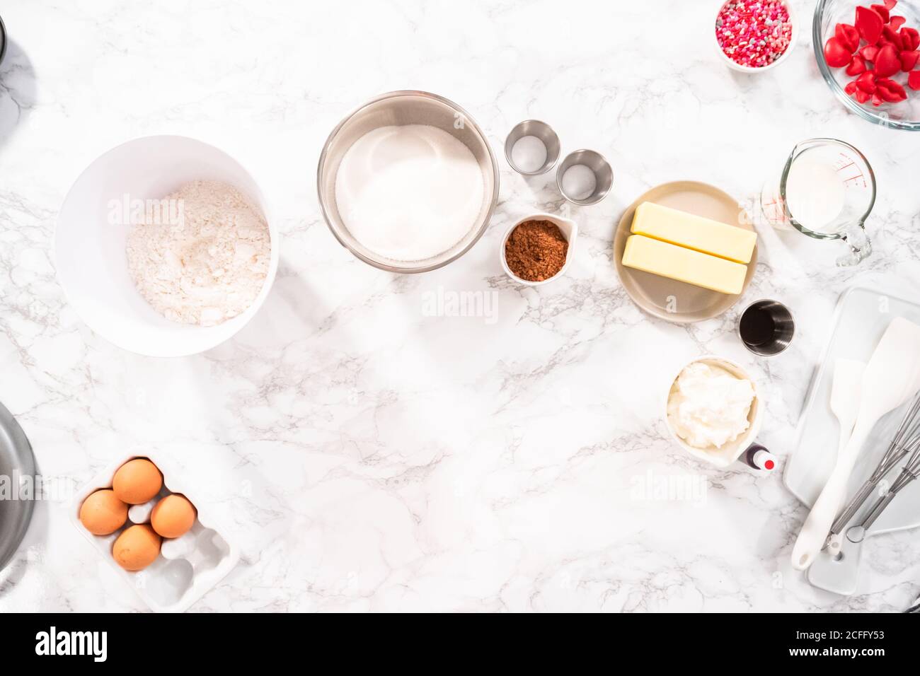 Flat lay. Flat lay. Ingredients to bake red velvet cupcakes Stock Photo ...