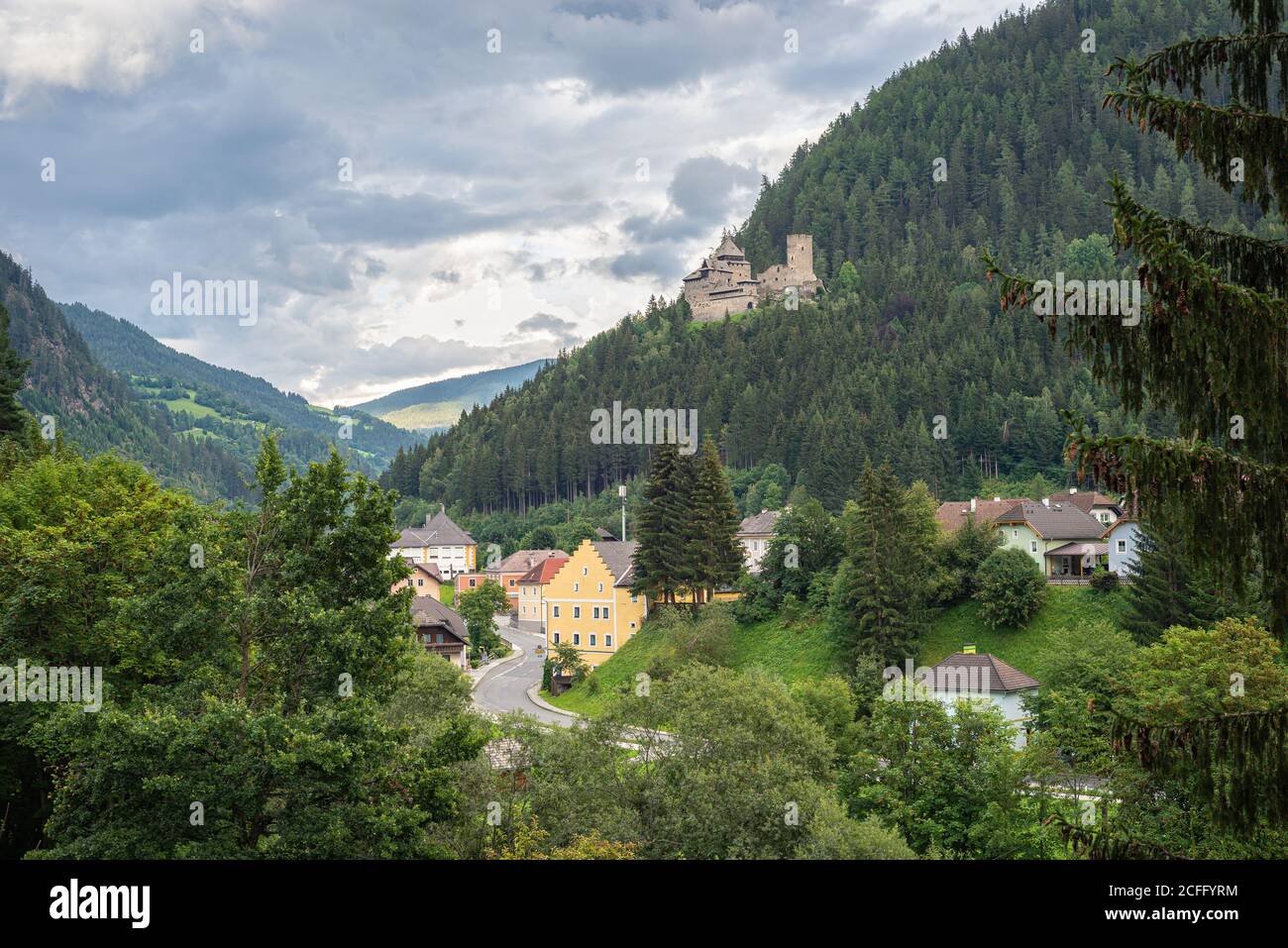 Scenic view of a valley with the small town of Ramingstein, Austria ...