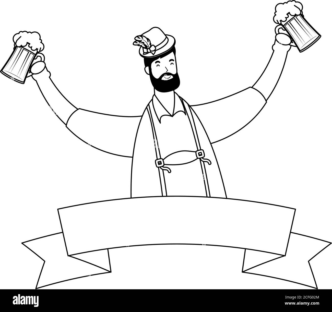 german man wearing tyrolean suit drinking beers ribbon frame line style ...