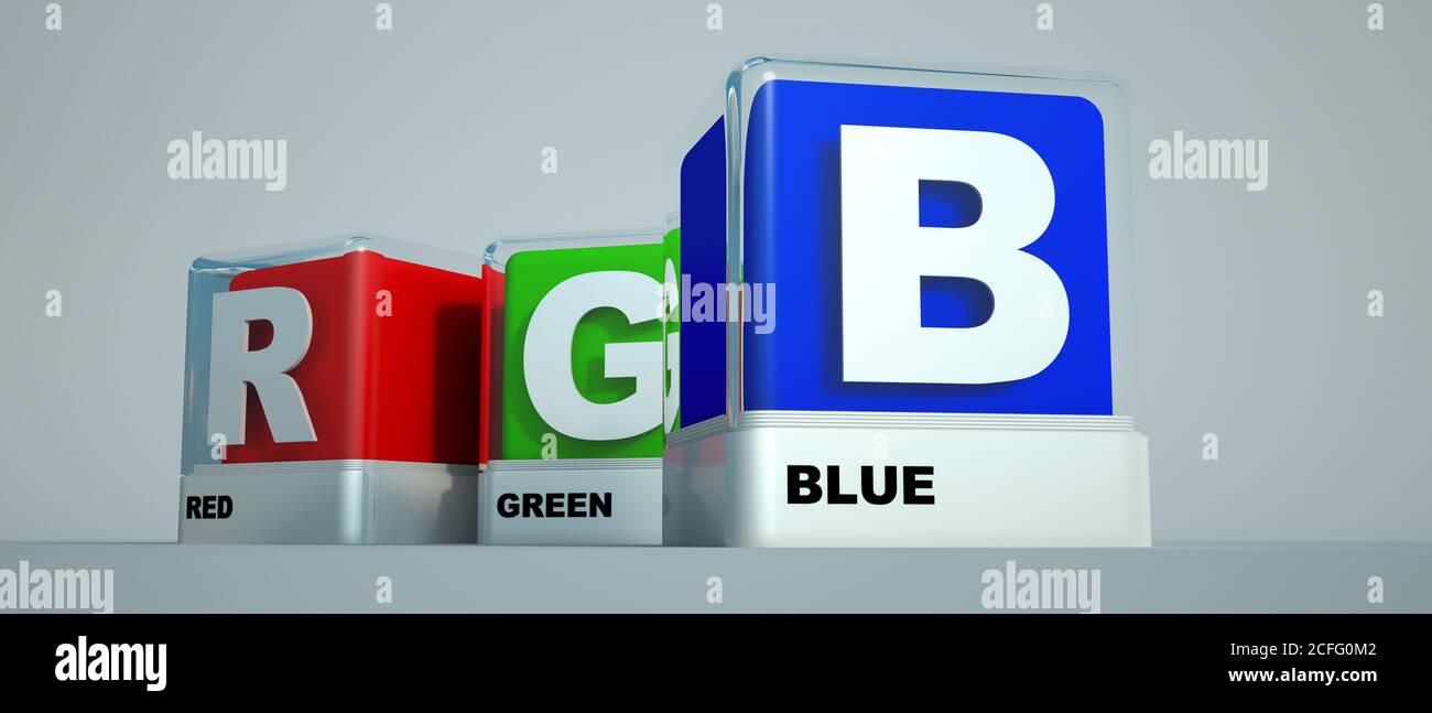 3D rendering of boxes with basic print colors Red, green and blue known ...