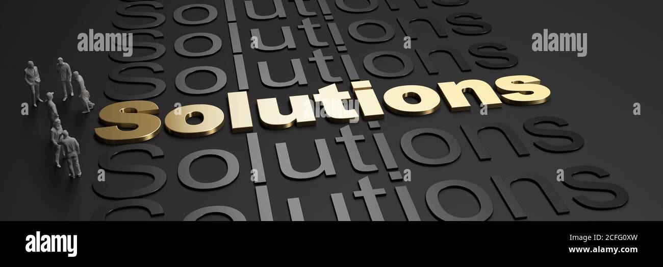 3D rendering of the word solutions in golden letters against a black ...