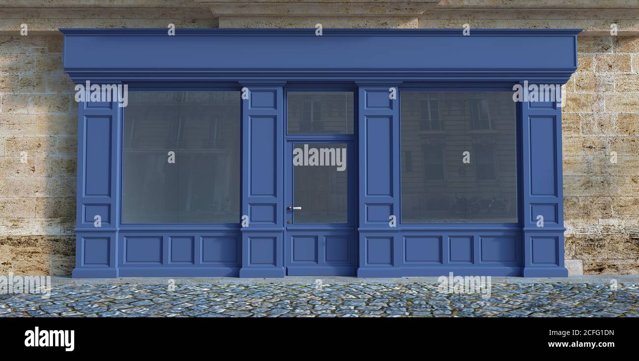 3D rendering of a traditional storefront façade with blue wood Stock ...