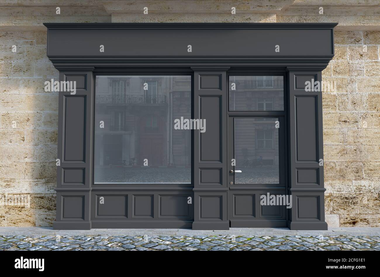 3D rendering of a traditional storefront façade with dark gray wood ...