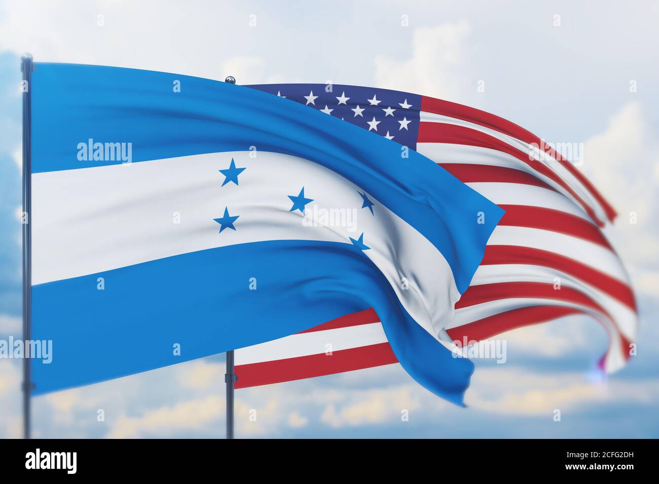 Waving American flag and flag of Honduras. Closeup view, 3D ...
