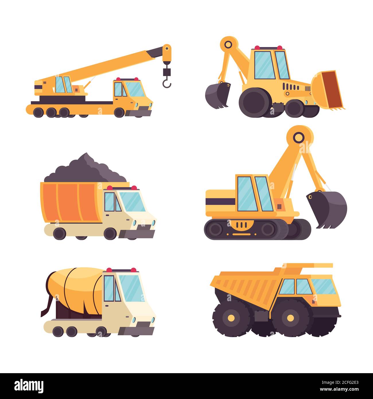 six construction vehicles equipment set collection icons vector ...