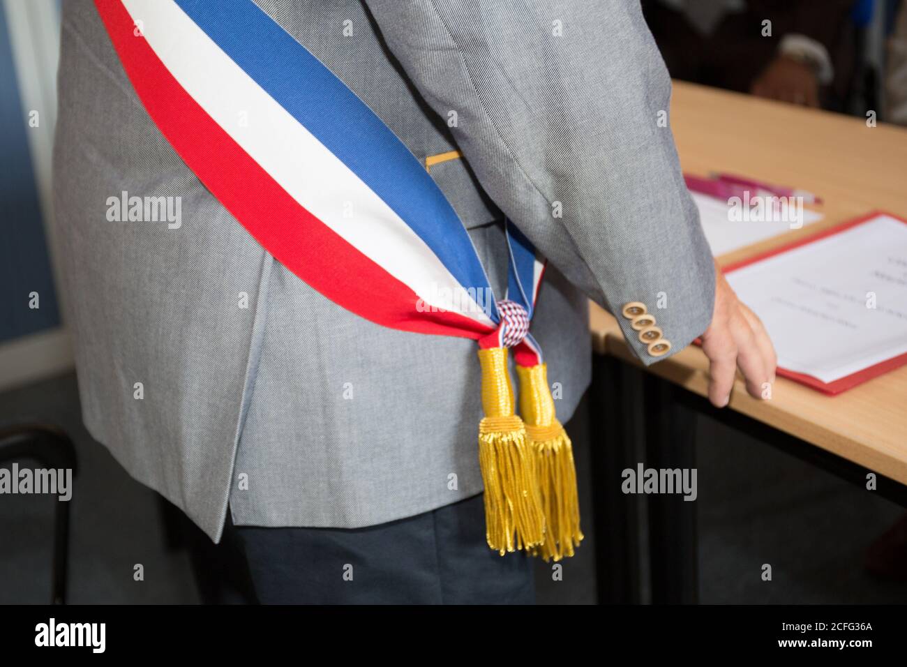 French mayor with a scarf flag during ceremony weeding day Stock Photo ...