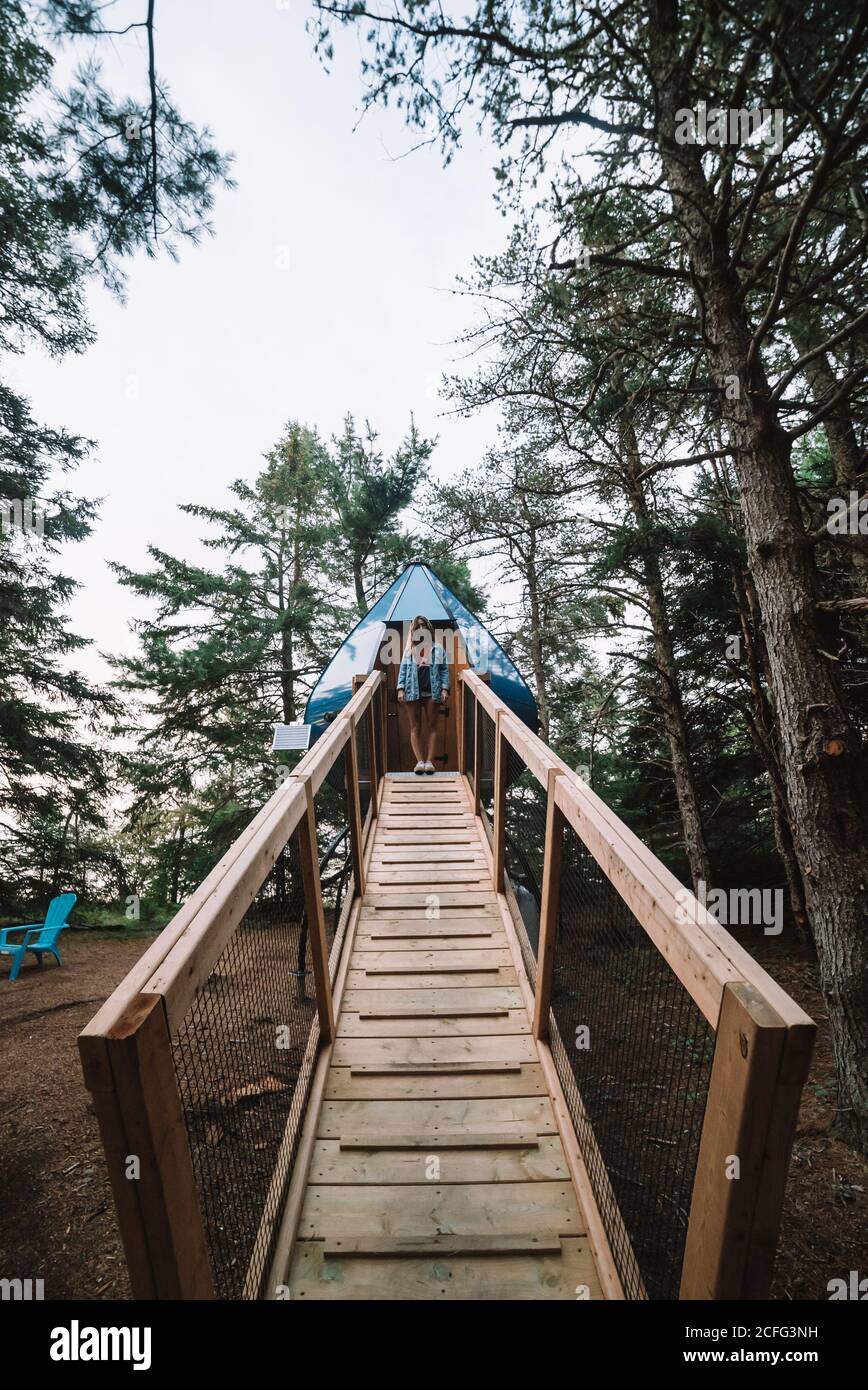 Low angle of relaxed female camper standing on wooden platform near ...