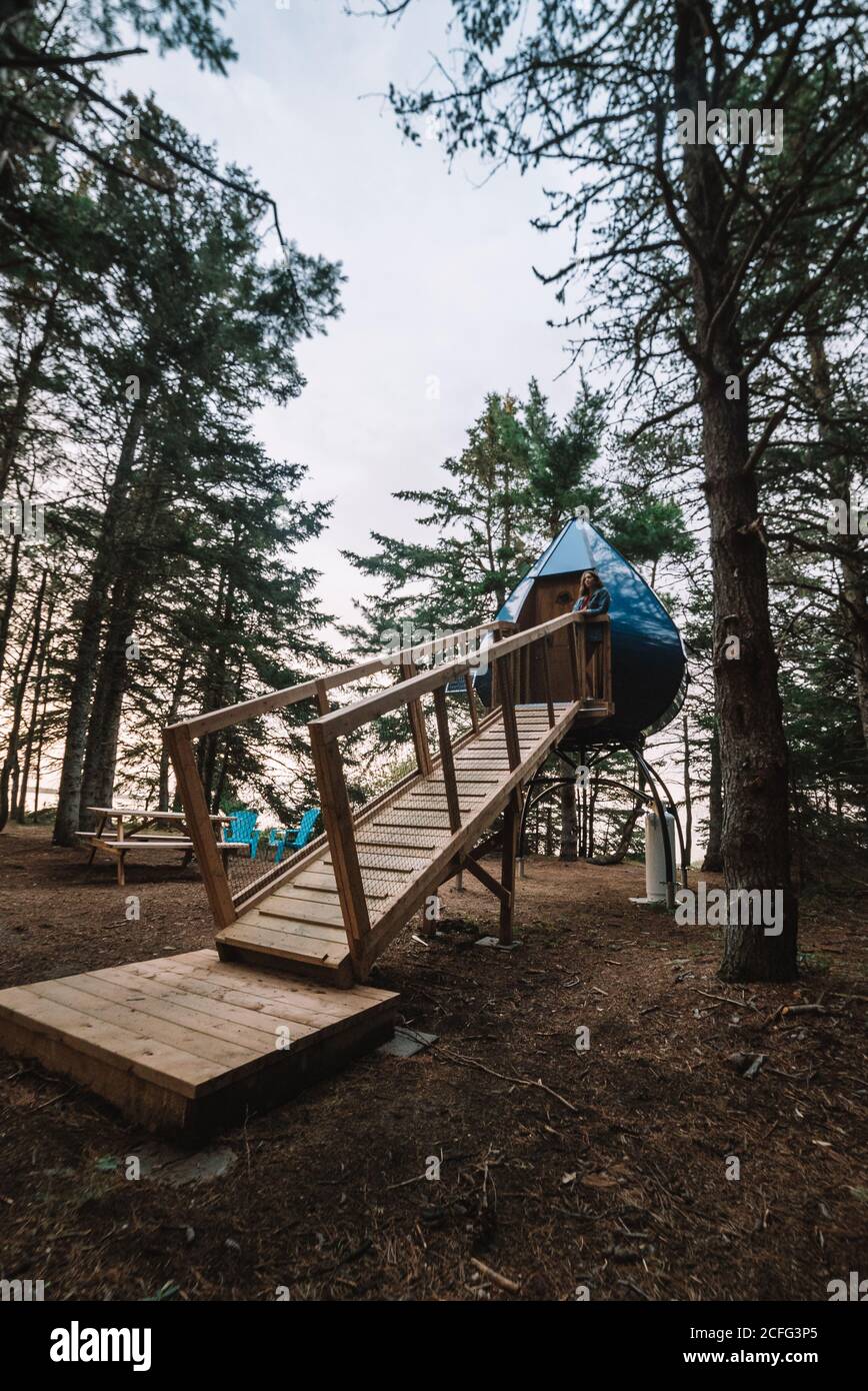 Low angle of relaxed female camper standing on wooden platform near ...