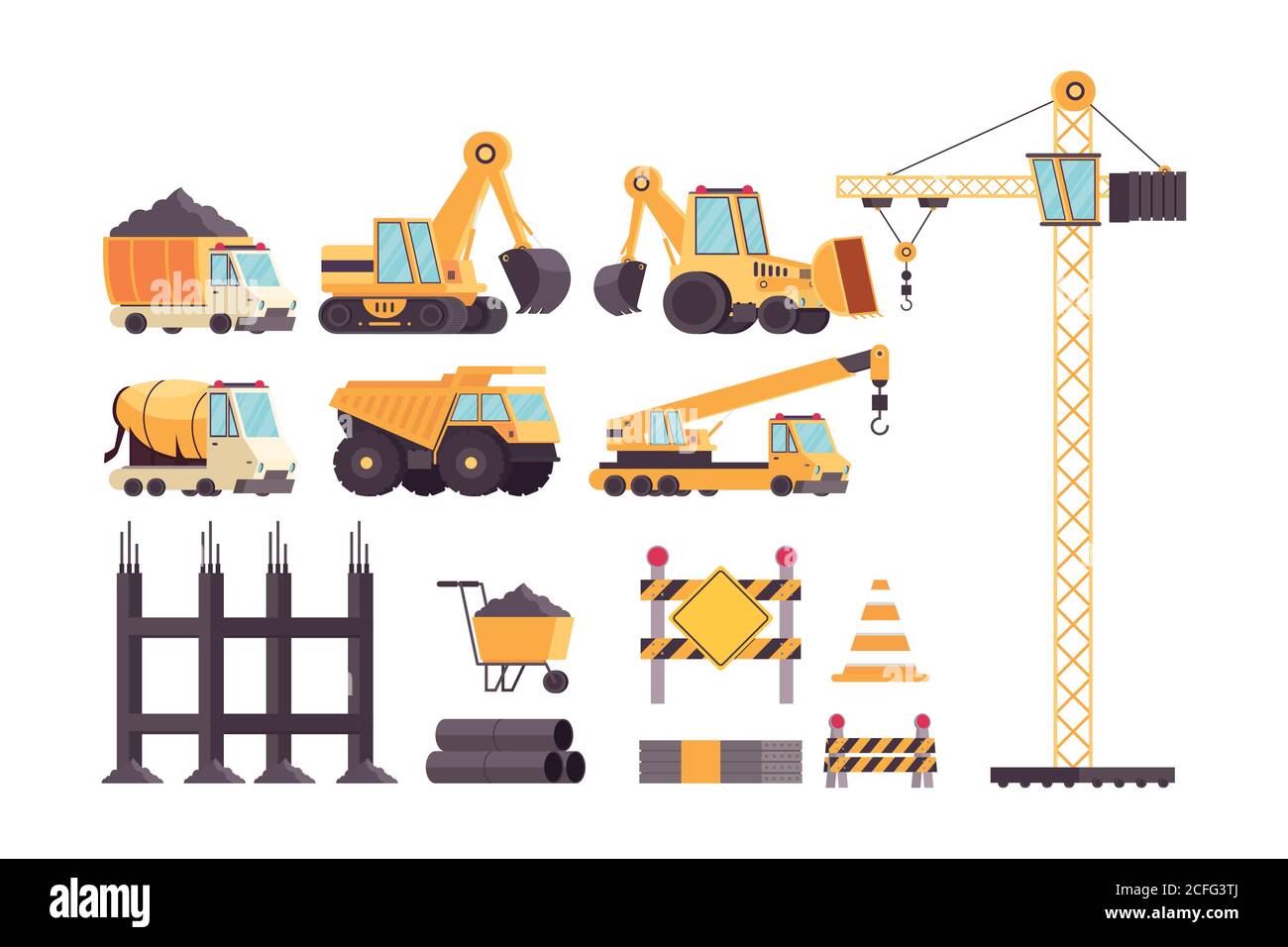 bundle of construction vehicles and tools vector illustration design ...
