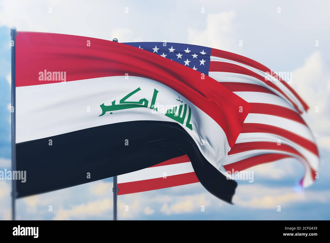 Waving American flag and flag of Iraq. Closeup view, 3D illustration ...