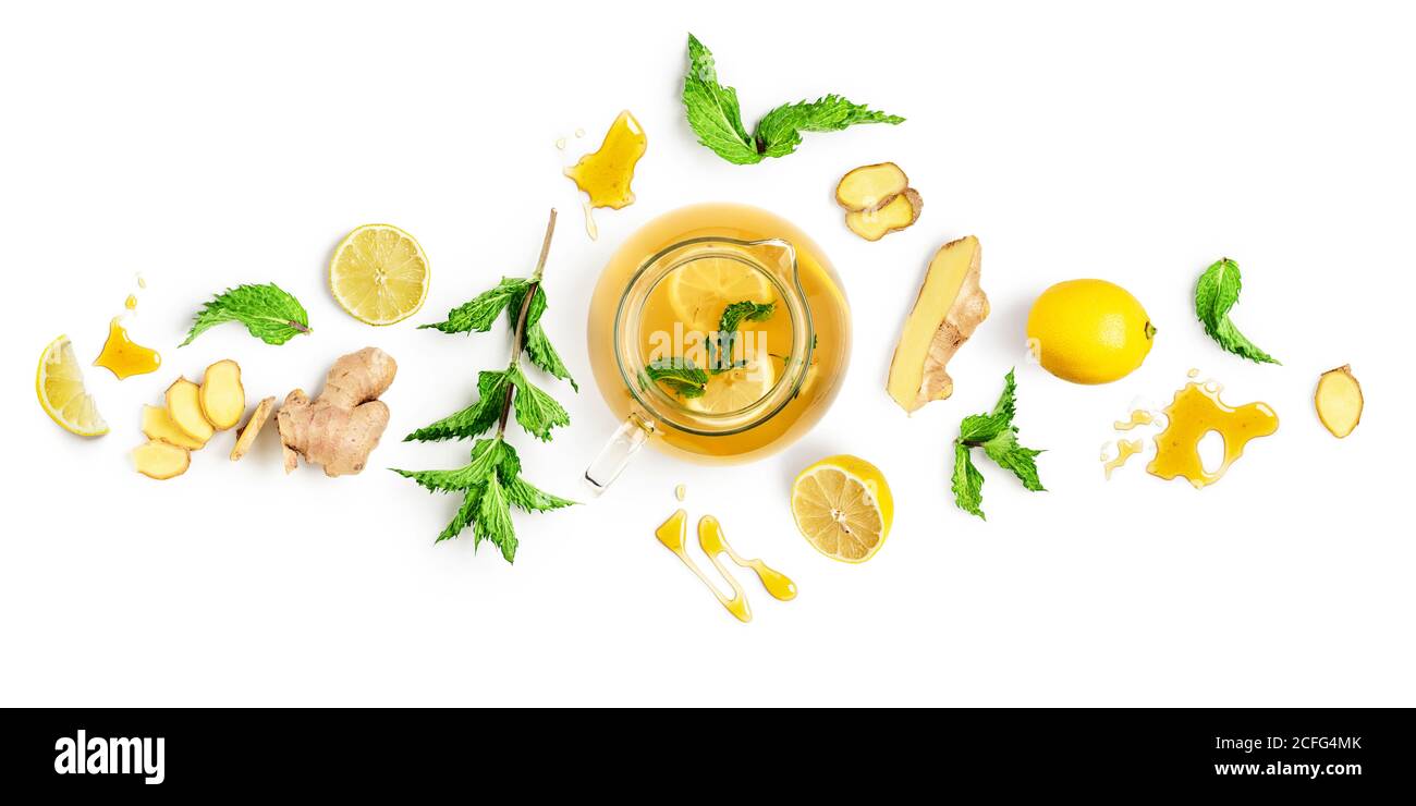 Ginger tea with lemon, mint and honey banner. Creative composition and ...