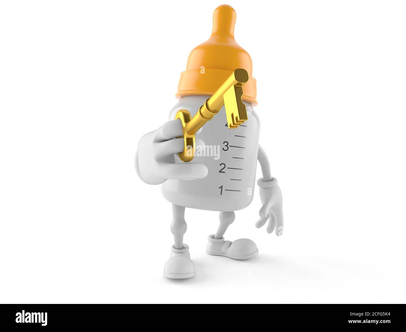 Baby bottle character holding door key isolated on white background ...