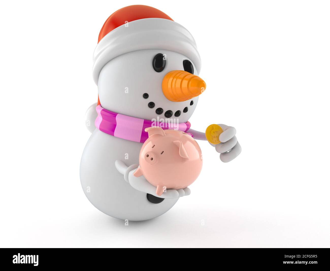 Snowman character holding piggy bank isolated on white background Stock ...