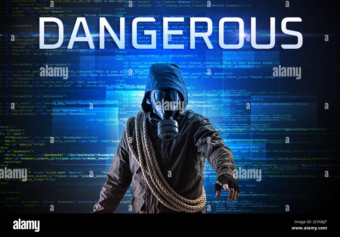 Faceless hacker with DANGEROUS inscription on a binary code background Stock Photo - Alamy