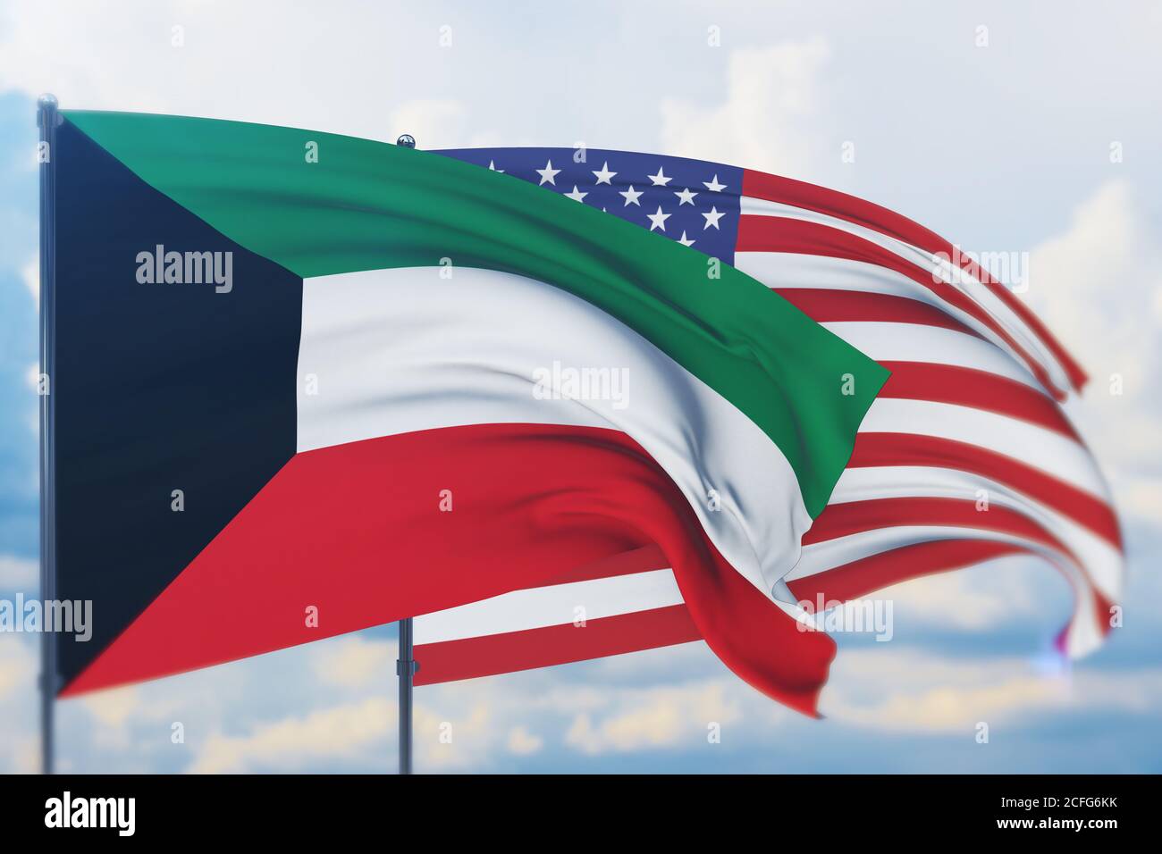 Waving American flag and flag of Kuwait. Closeup view, 3D illustration ...