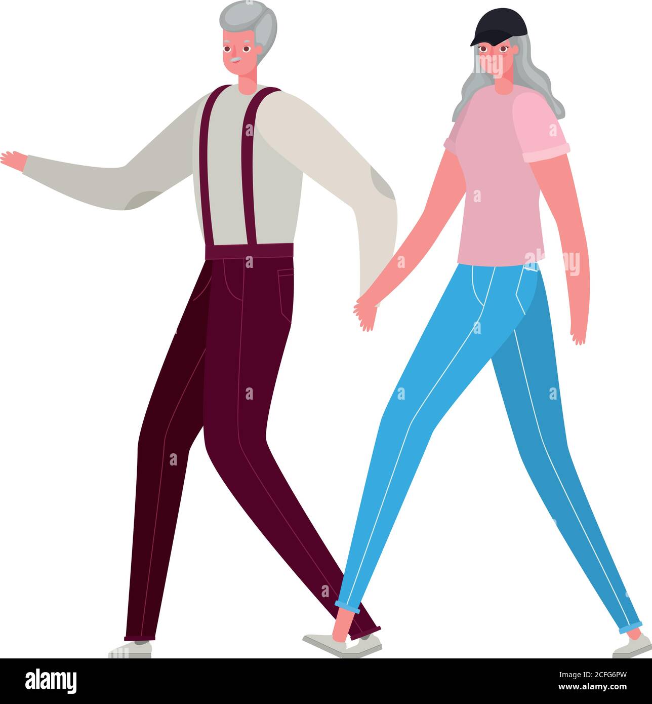 Senior woman and man cartoons walking holding hands vector design Stock ...