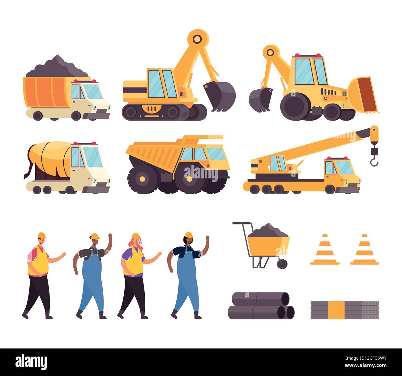 bundle of construction vehicles and tools with workers vector ...