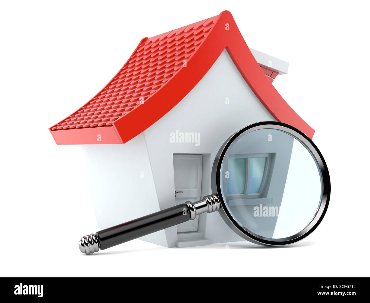 Small house with magnifying glass isolated on white background Stock ...