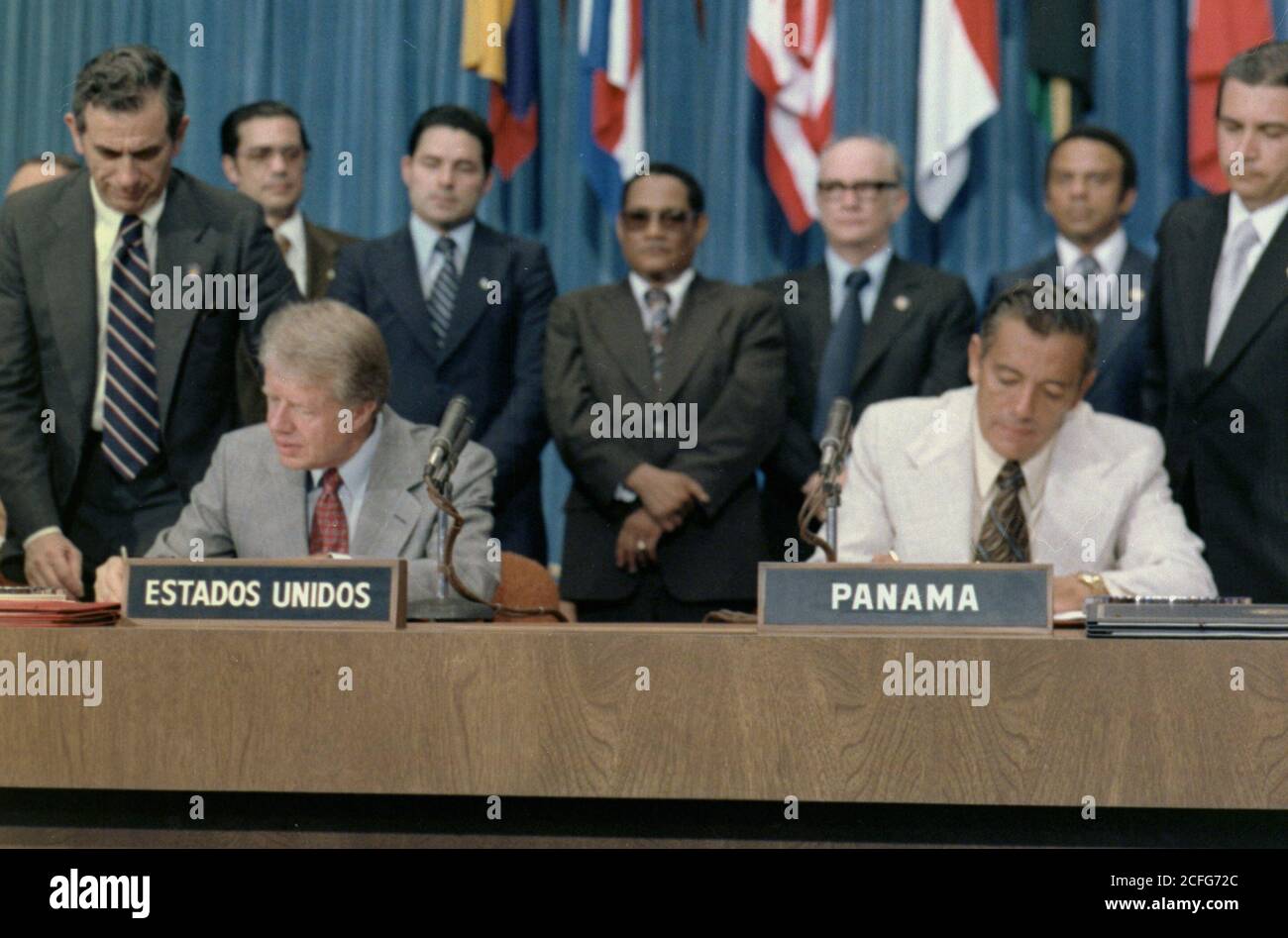 Jimmy Carter and Omar Torrijos signing the Panama Canal Treaty. ca. 06 ...