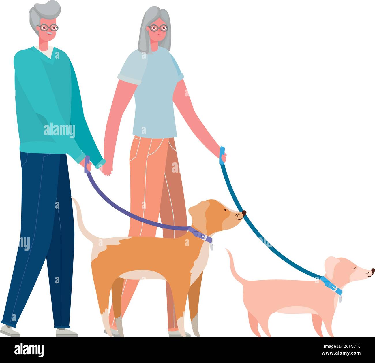 Senior woman and man cartoons with dogs vector design Stock Vector ...
