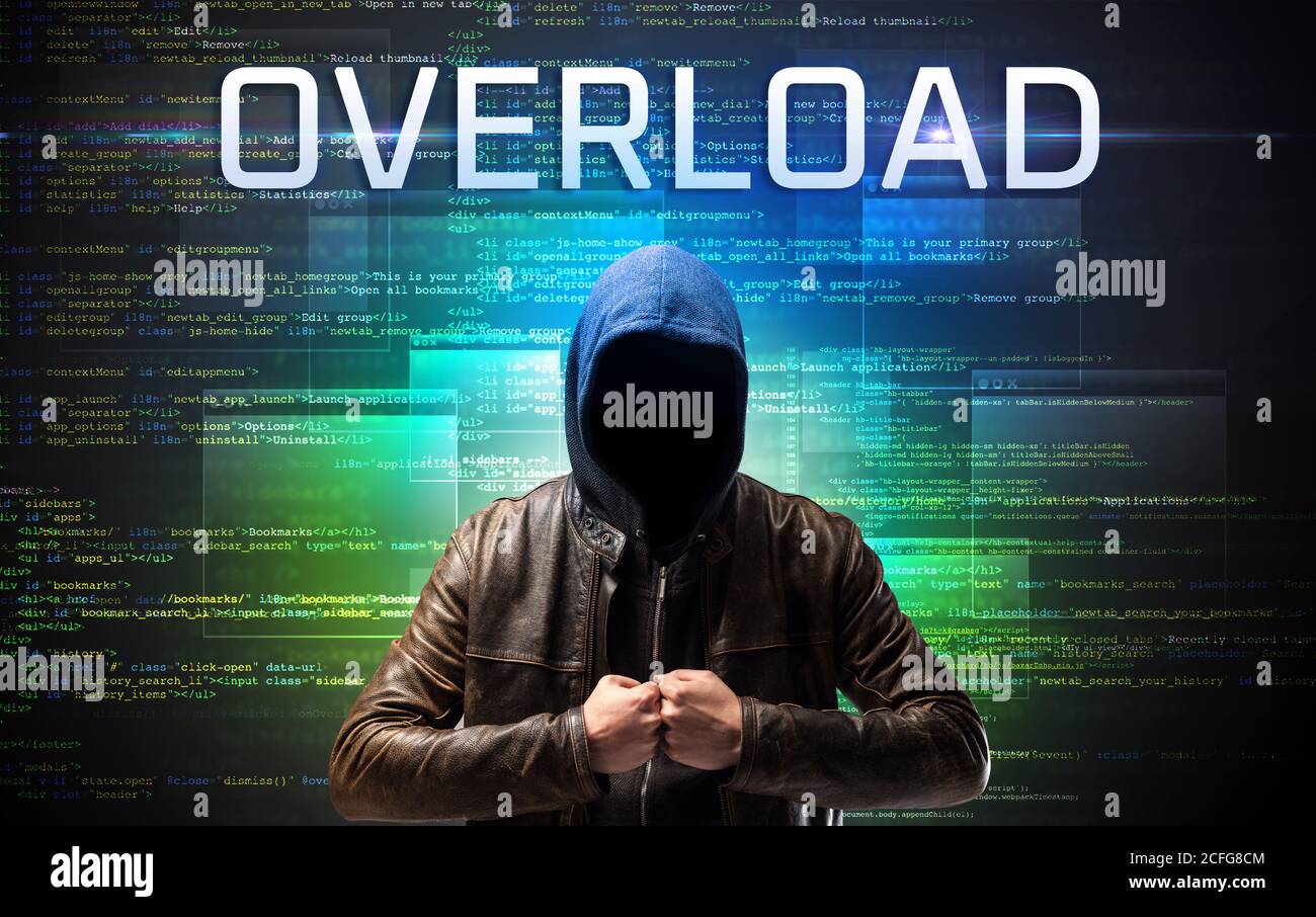 Faceless hacker with OVERLOAD inscription on a binary code background ...