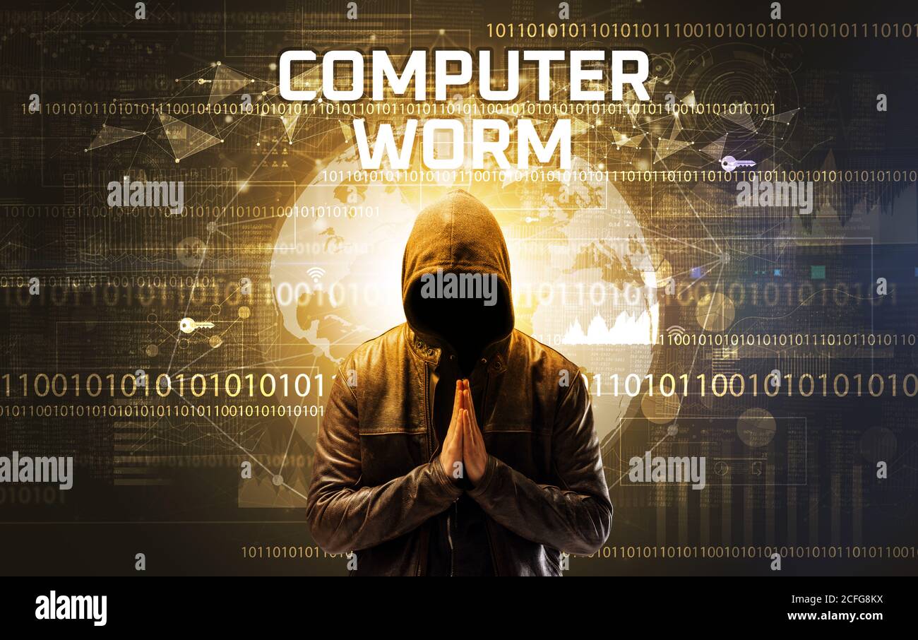 Faceless hacker at work with COMPUTER WORM inscription, Computer ...