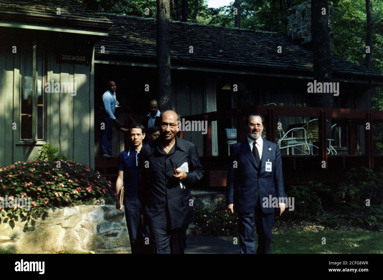 Anwar Sadat with members of the Egyptian delegation at Camp David. ca ...