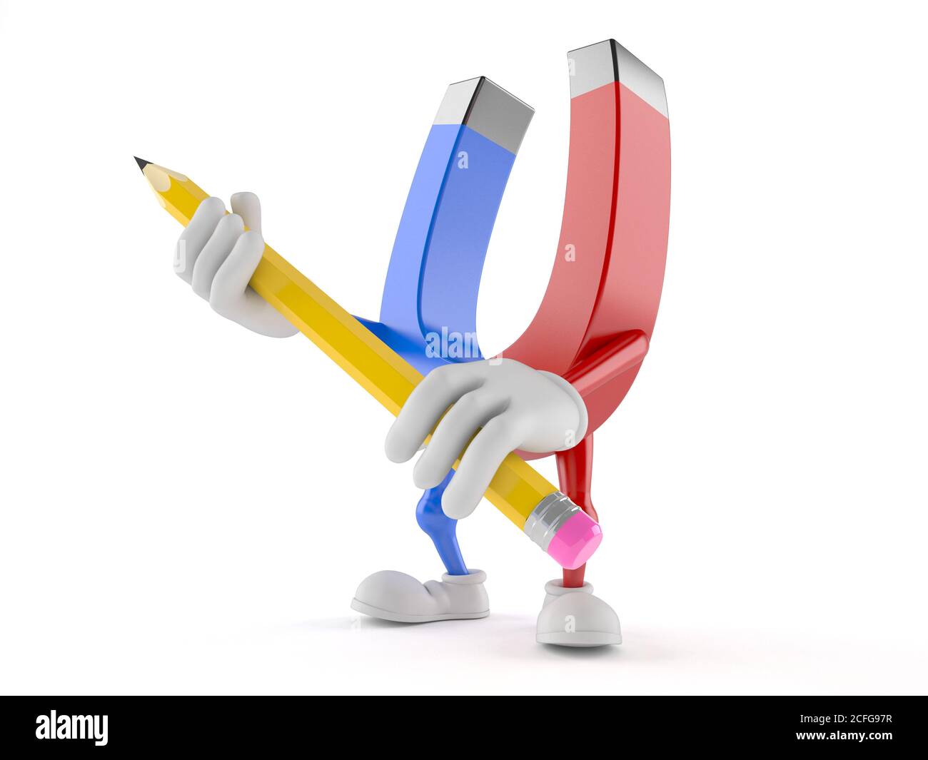 Magnet character holding pencil isolated on white background Stock ...