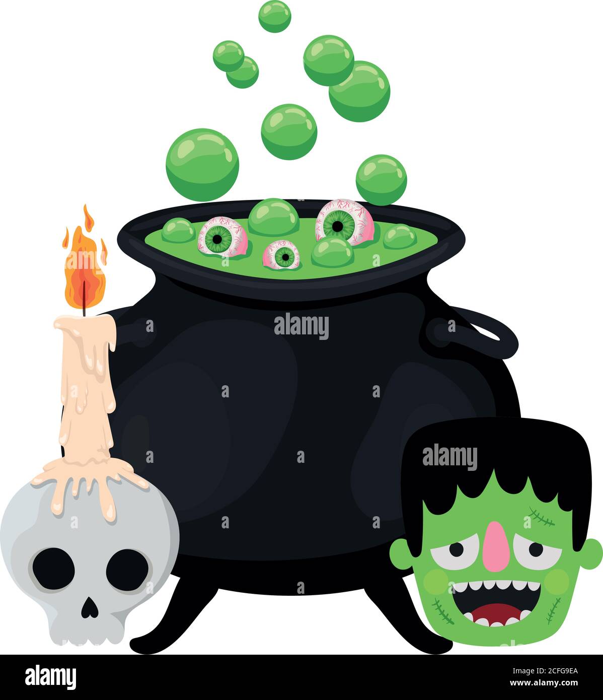 Halloween witch bowl skull and frankenstein vector design Stock Vector ...