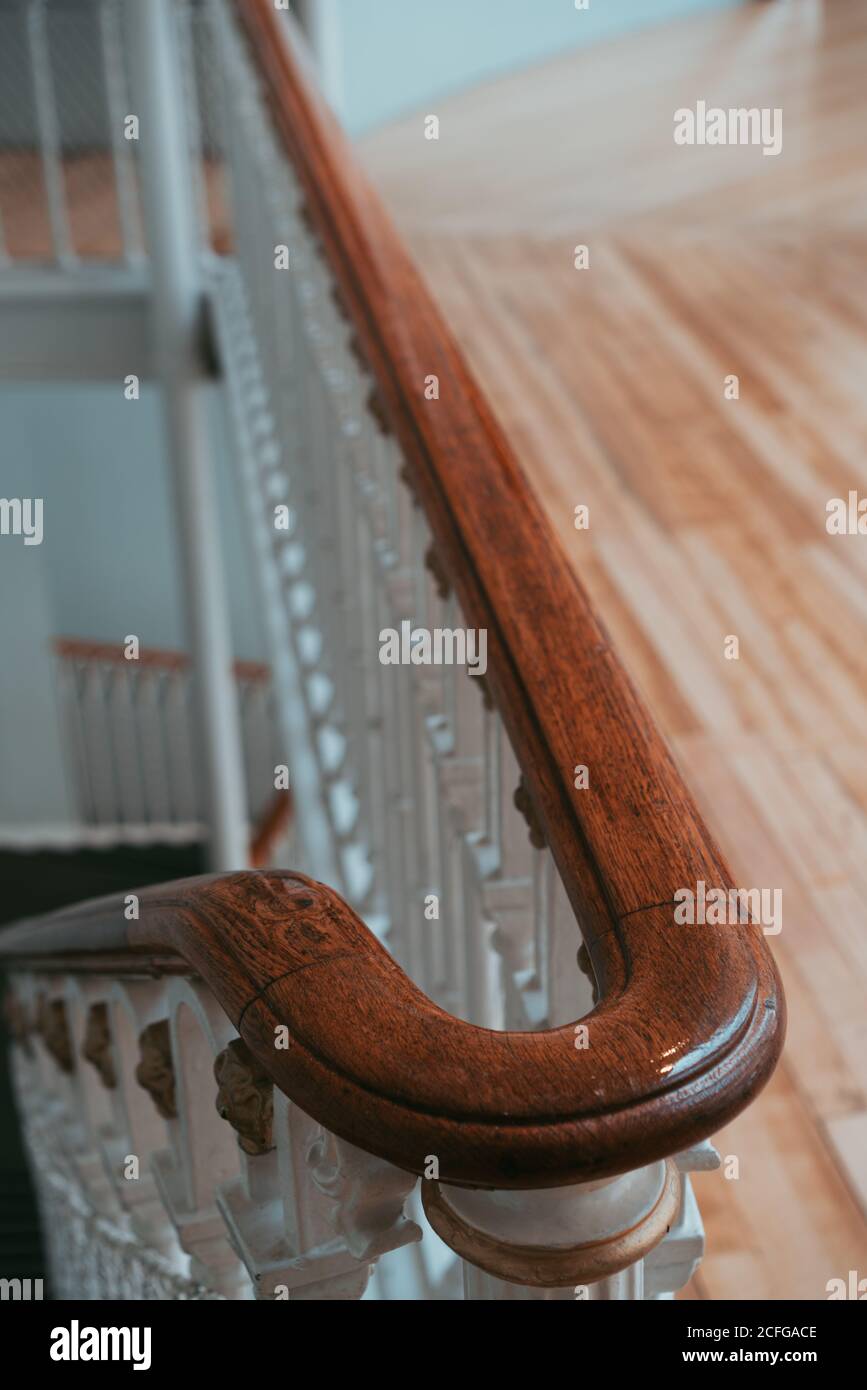 Shiny curved fence stairway wooden railings house hi-res stock ...