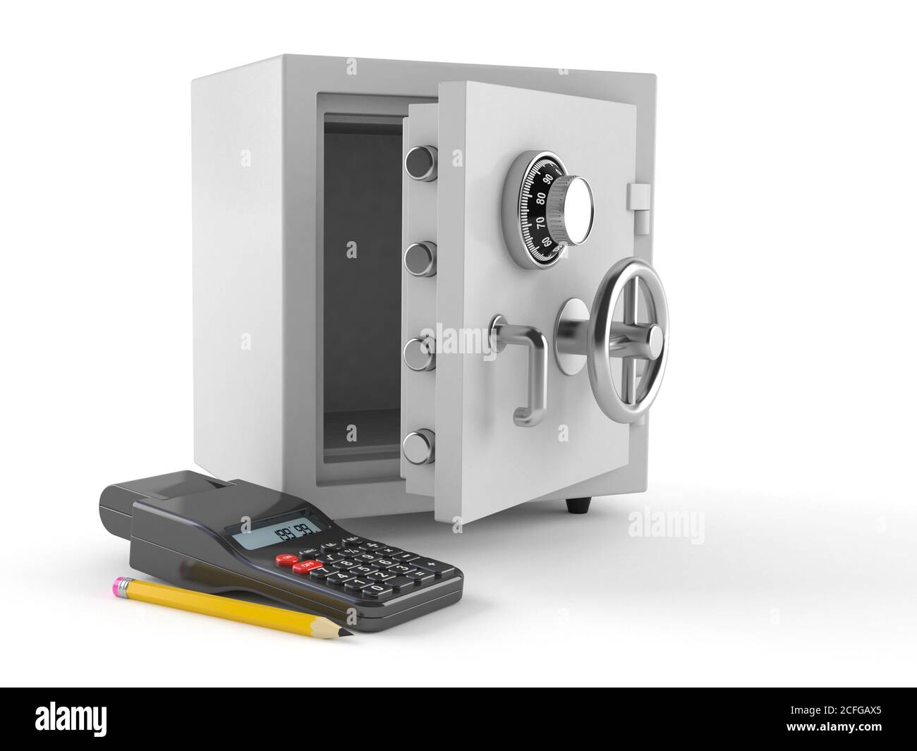 Safe with calculator and pencil isolated on white background Stock ...