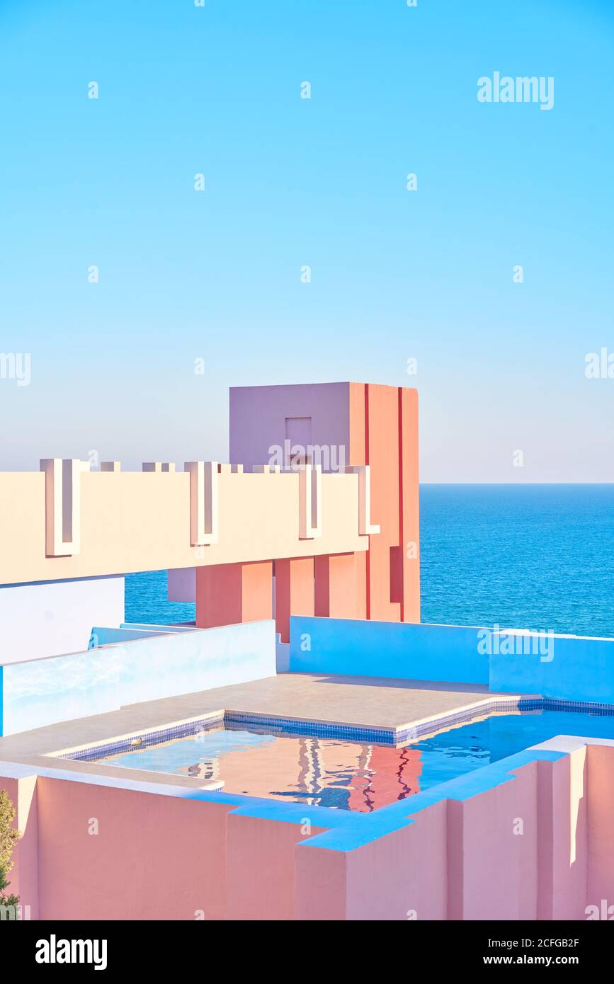 From above amazing pool with fresh water reflecting sky on roof of ...