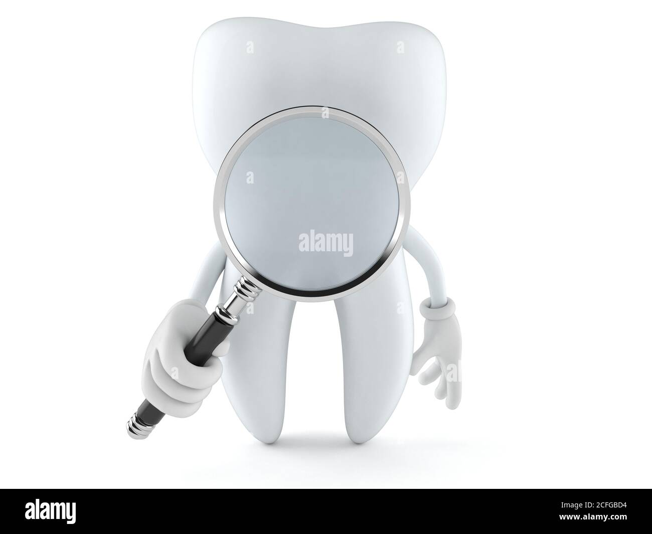 Tooth character looking through magnifying glass isolated on white ...