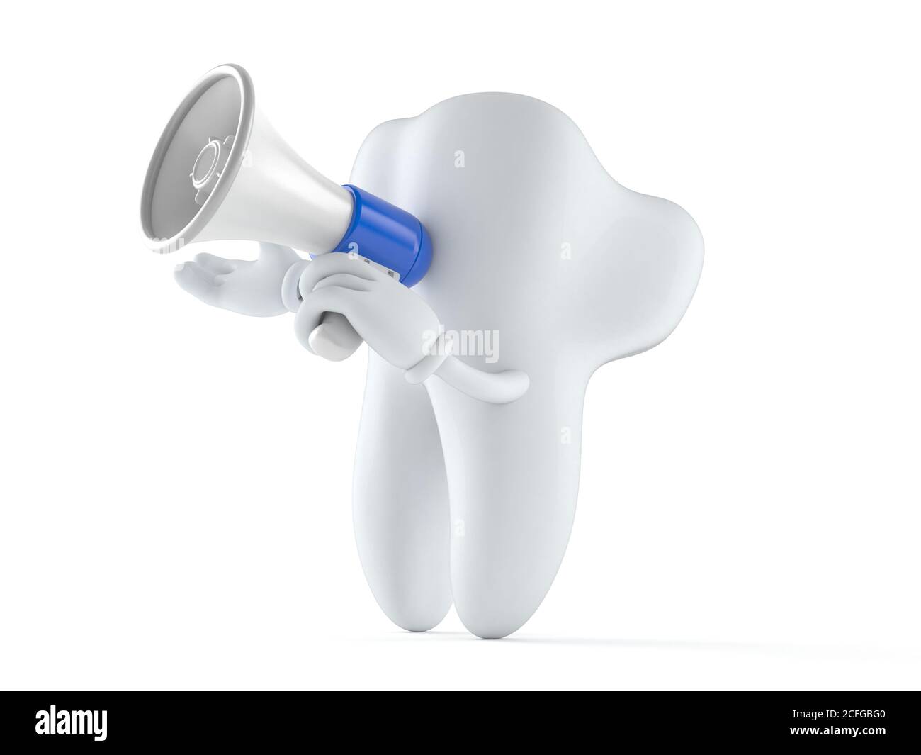 Tooth character speaking through a megaphone isolated on white ...
