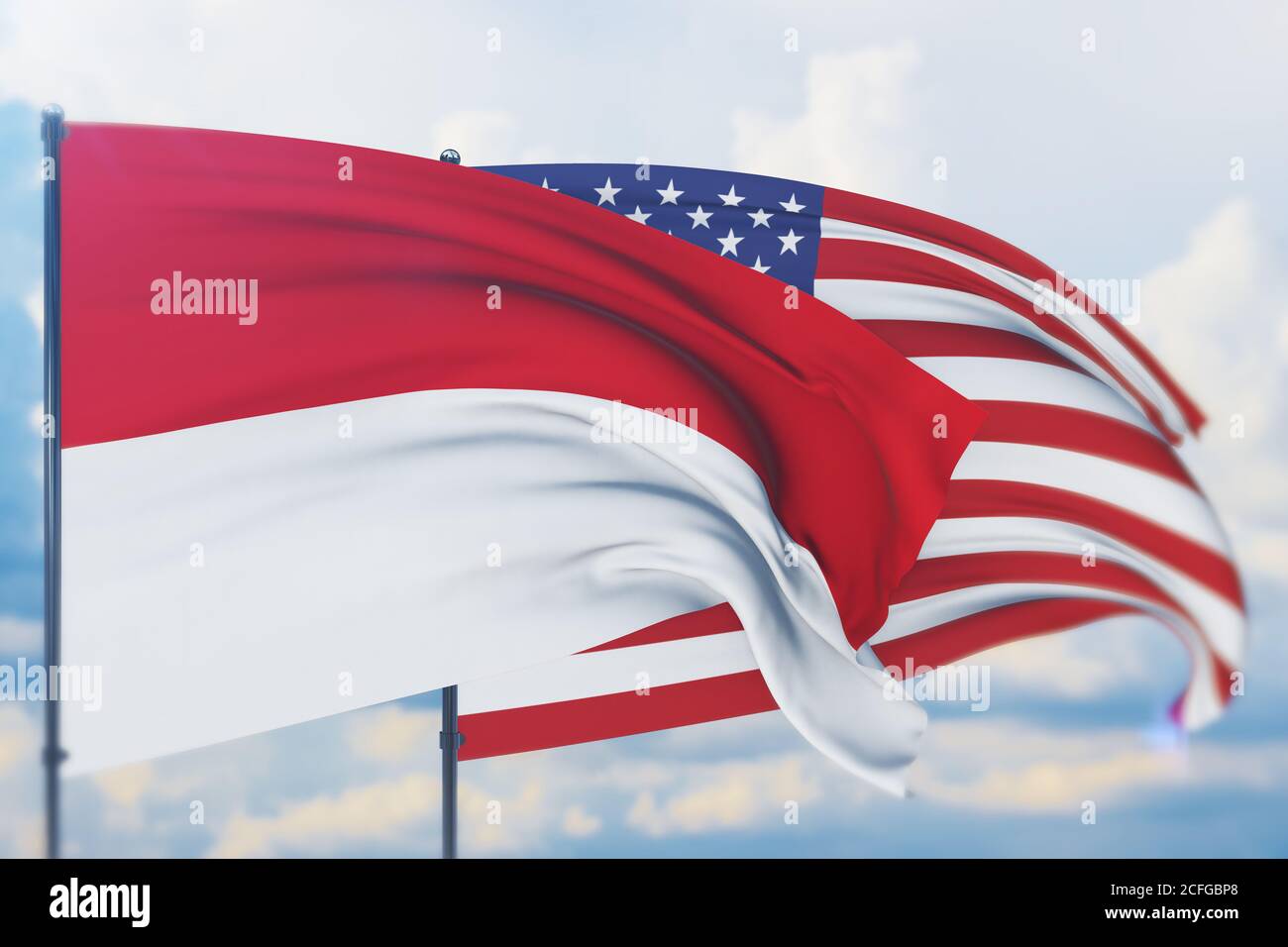 Waving American flag and flag of Monaco. Closeup view, 3D illustration ...