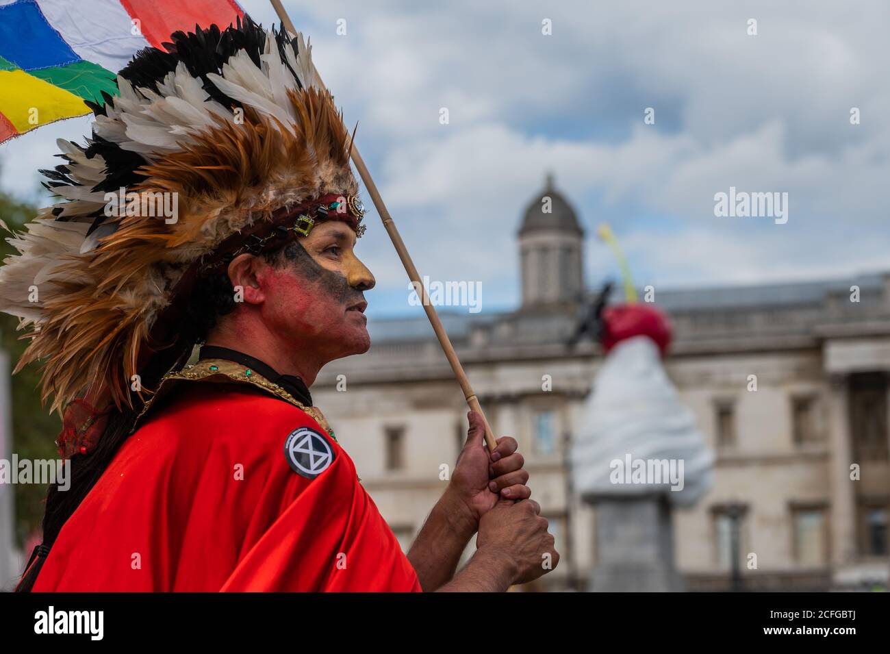 London, UK. 05th Sep, 2020. A Columbian Indian proudly calls for ...