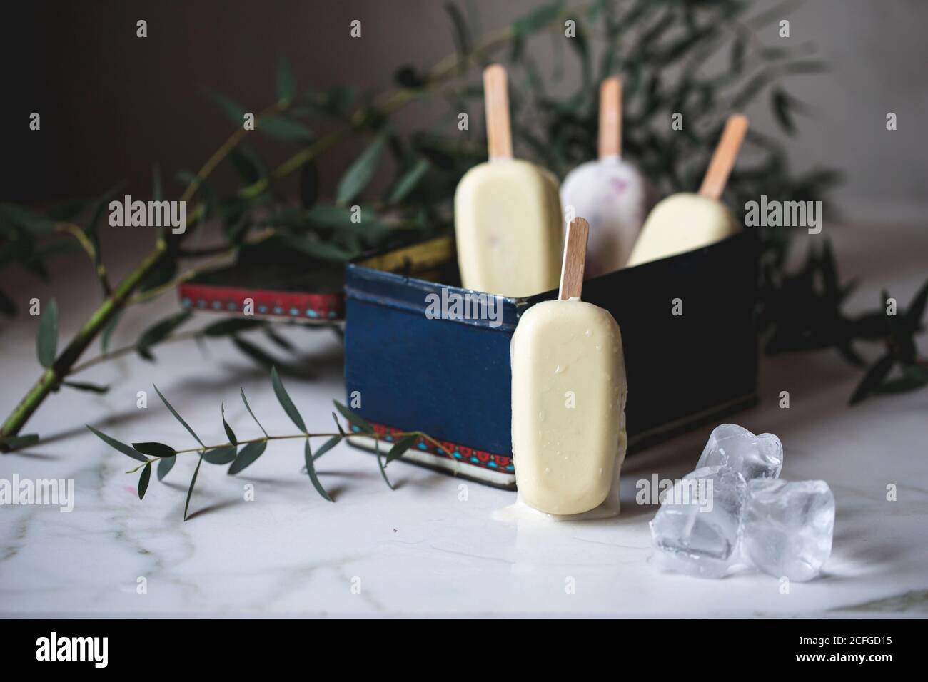 Assorted ice cream popsicles inside a vintage metallic box placed on a ...