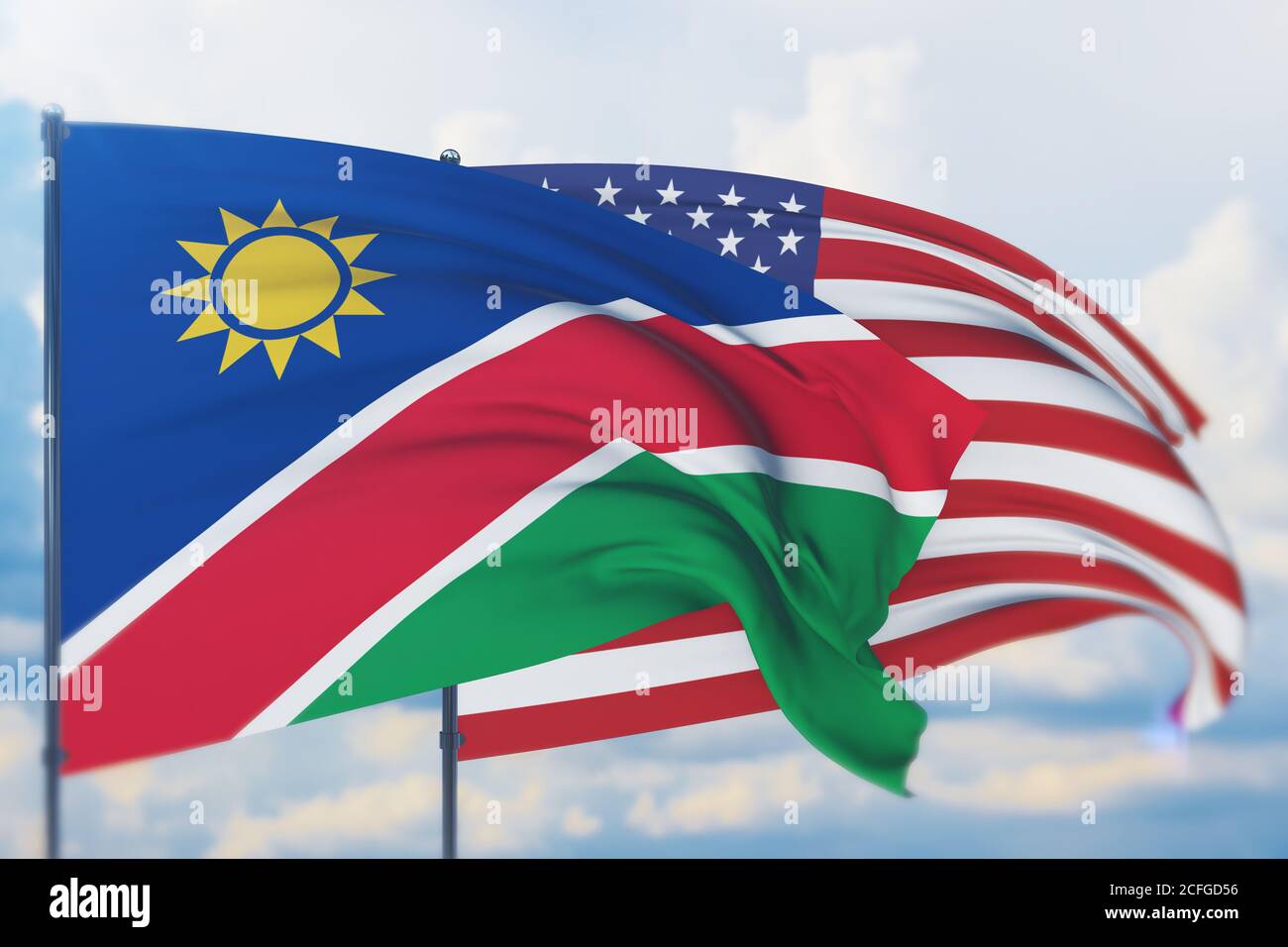 Waving American flag and flag of Namibia. Closeup view, 3D illustration ...